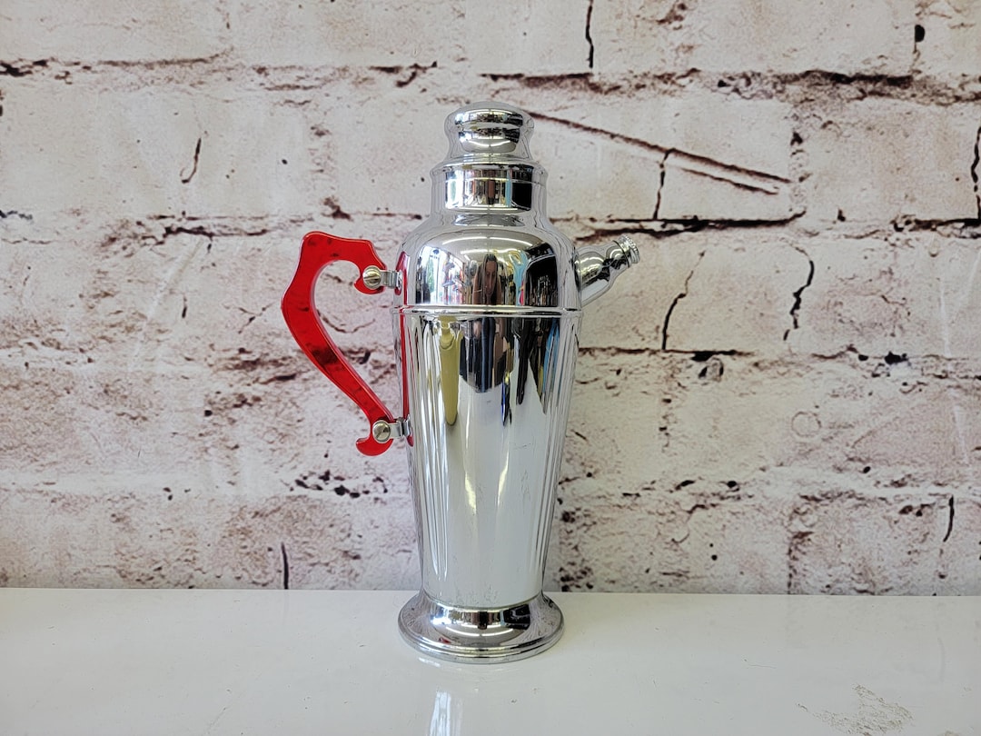 Art Deco Chrome Cocktail Shaker With Molded Columns & Red Lucite Handle ...