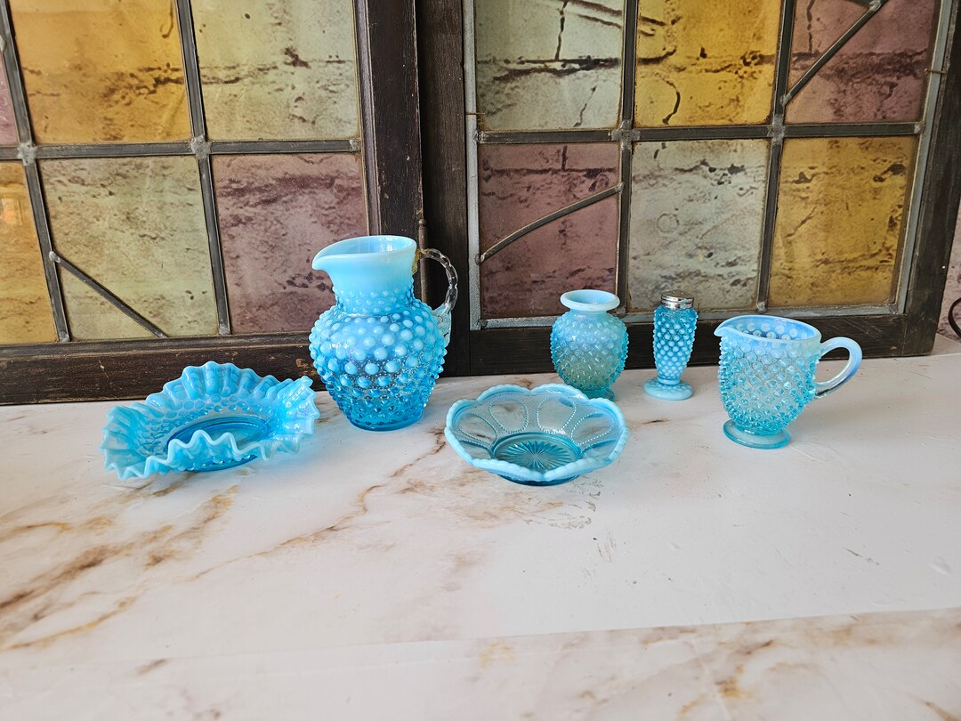 Fenton Blue Opalescent Hobnail Glass, Set 6, Pitcher Fluted Claw Handle ...