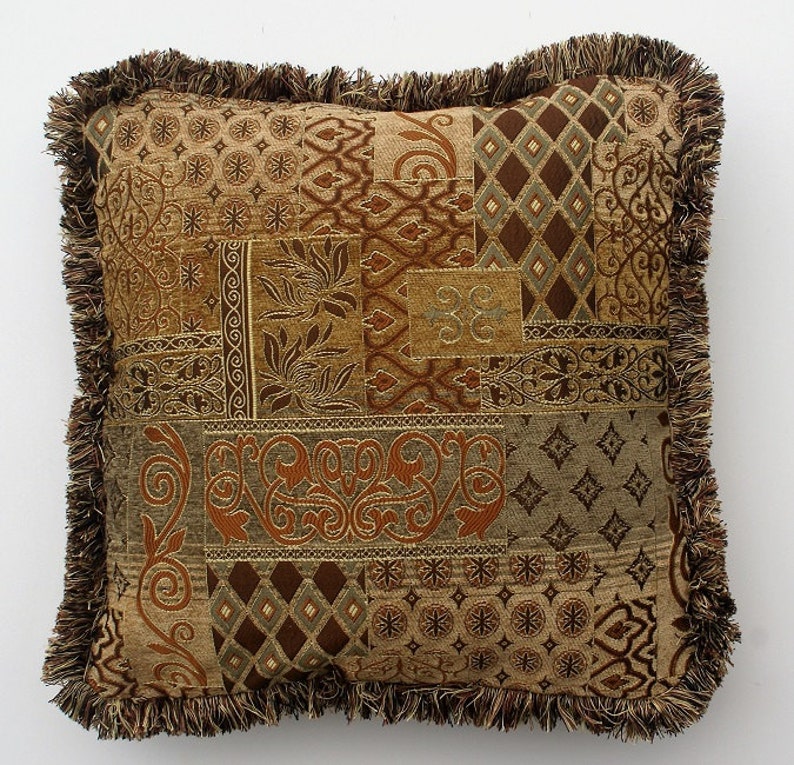 Brown Gold Rust Patchwork Print Chenille Pillows With Fringe - Etsy