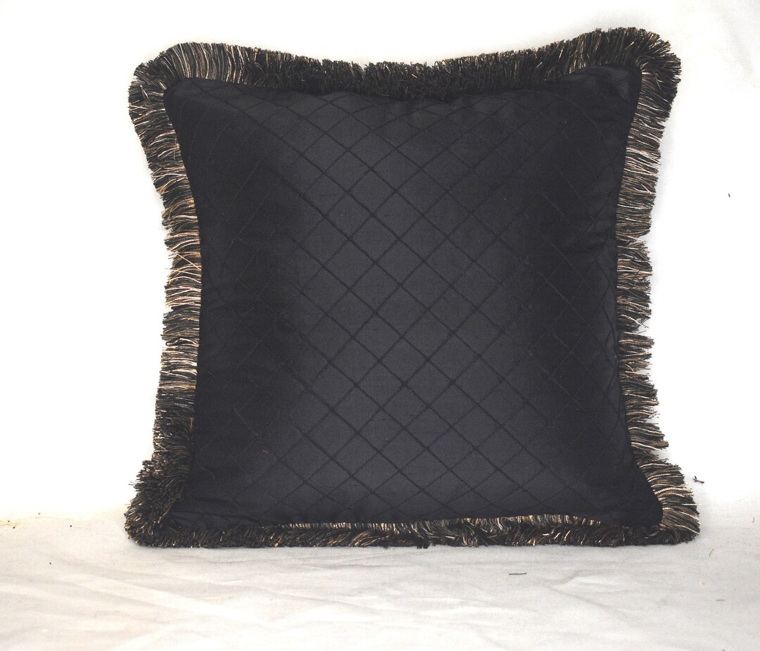 Pintuck Pleated Black Silk Decorative Throw Pillow With Black Gold ...