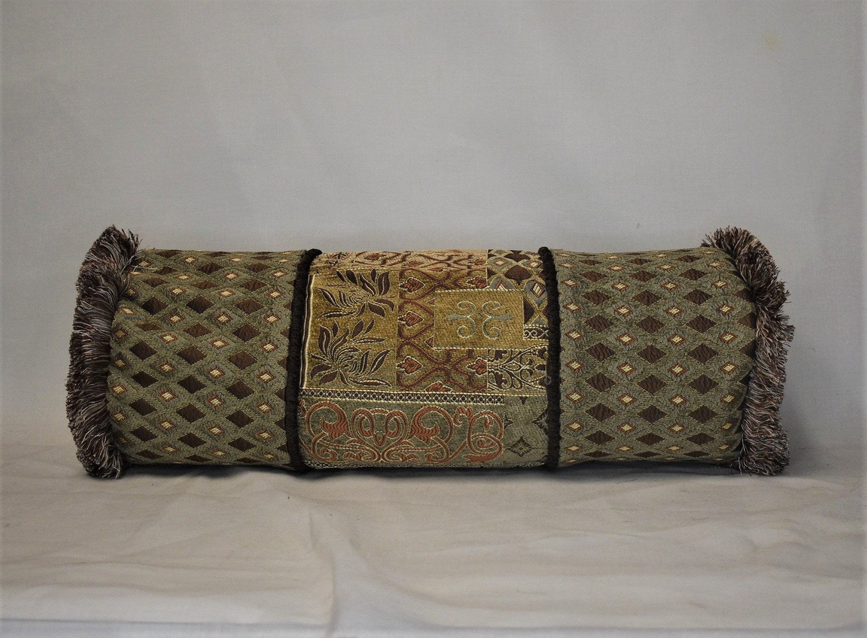 Brown Gold Rust Patchwork Print Chenille Pillows With Fringe - Etsy