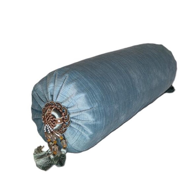 Light Turquoise Blue Round Bolster Decorative Throw Pillow With Tassels ...