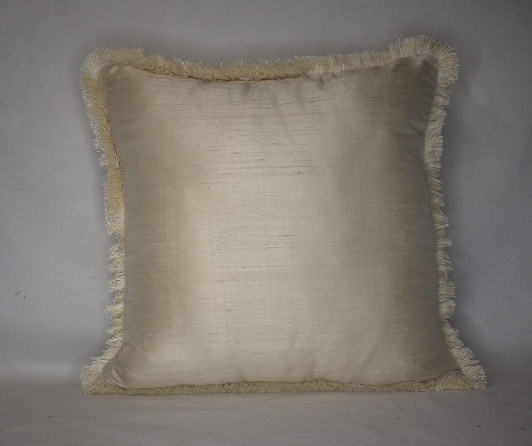Large Ivory or White Decorative Throw Silk Pillow With Fringe for Sofa ...