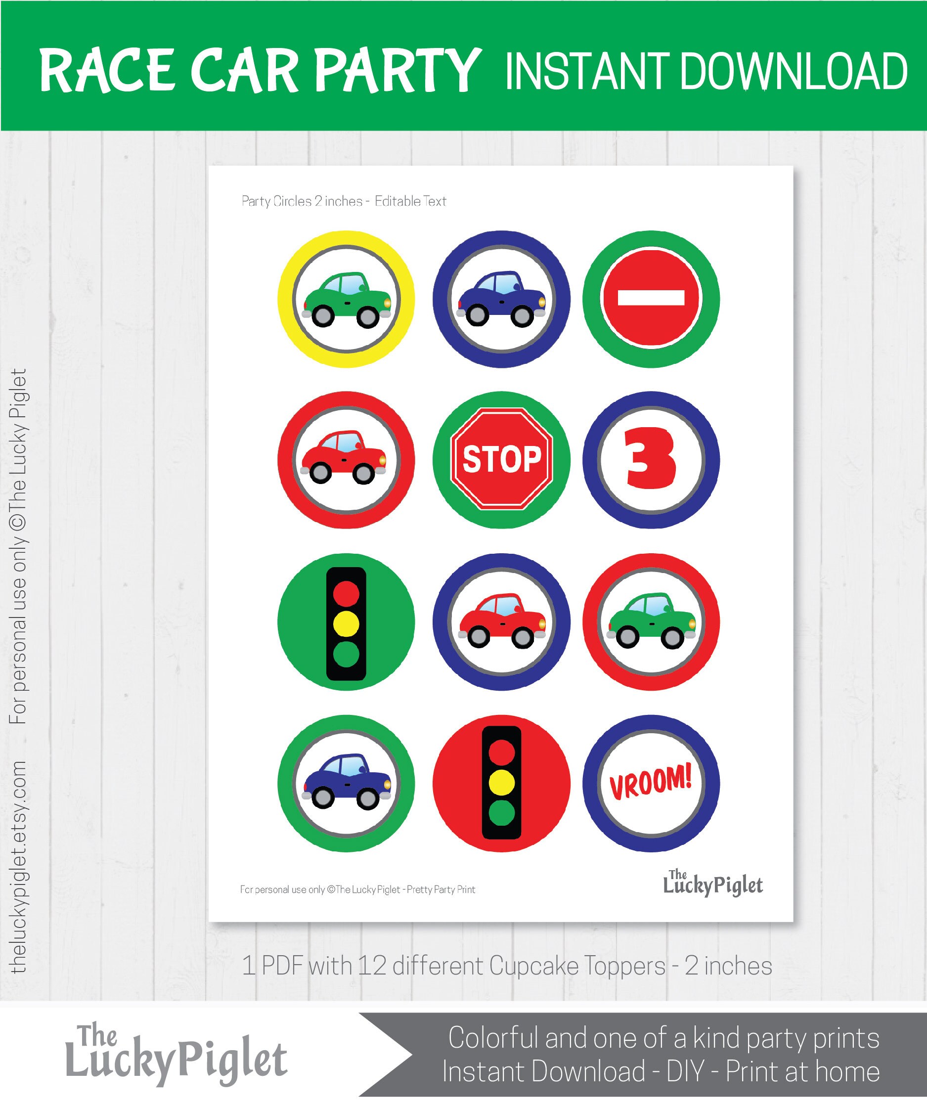 RACE CAR PARTY Cupcake Toppers, Printable Race Car Birthday Party ...