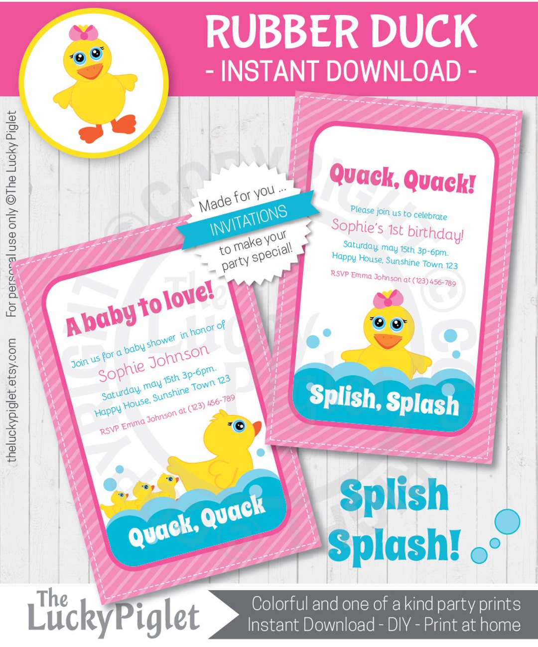 INVITAción PINK RUBBER DUCK / invitación de pato rosa, bebé de pato de ...
