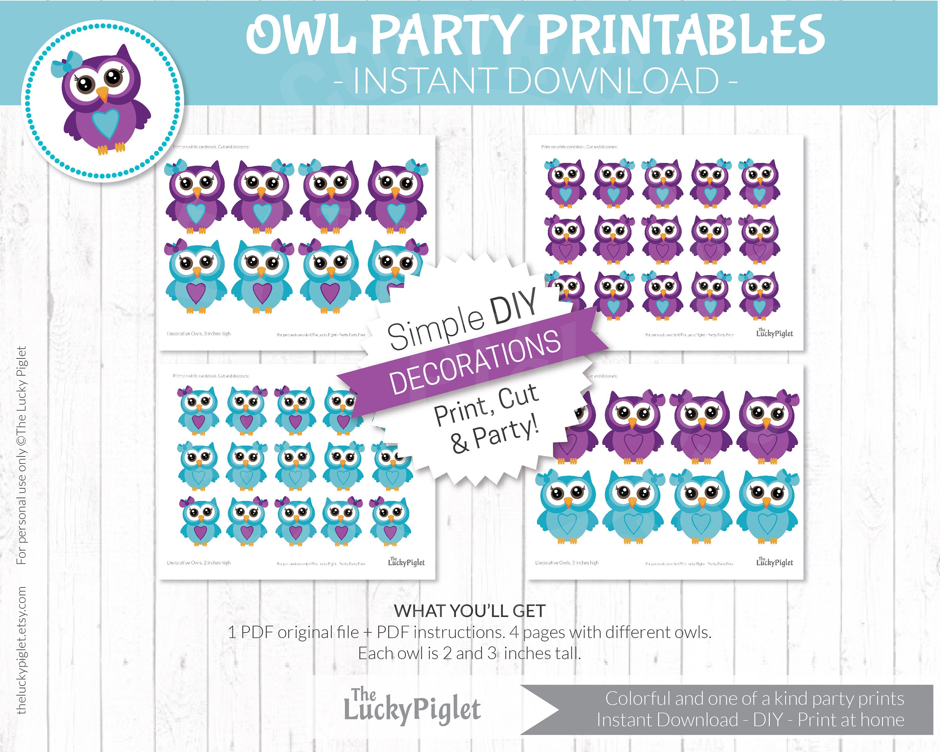 OWL CUPCAKE TOPPERS in Purple and Teal, Printable Owl Decorations for ...