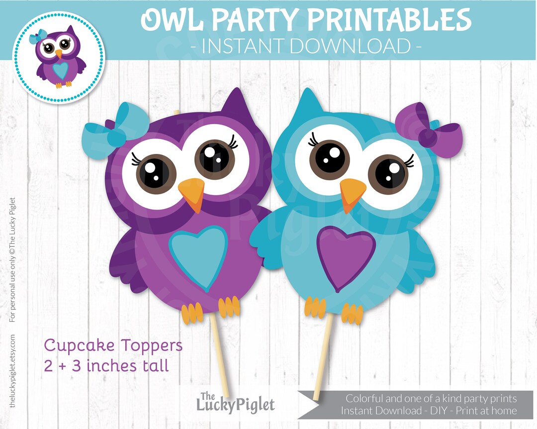 OWL CUPCAKE TOPPERS in Purple and Teal, Printable Owl Decorations for ...