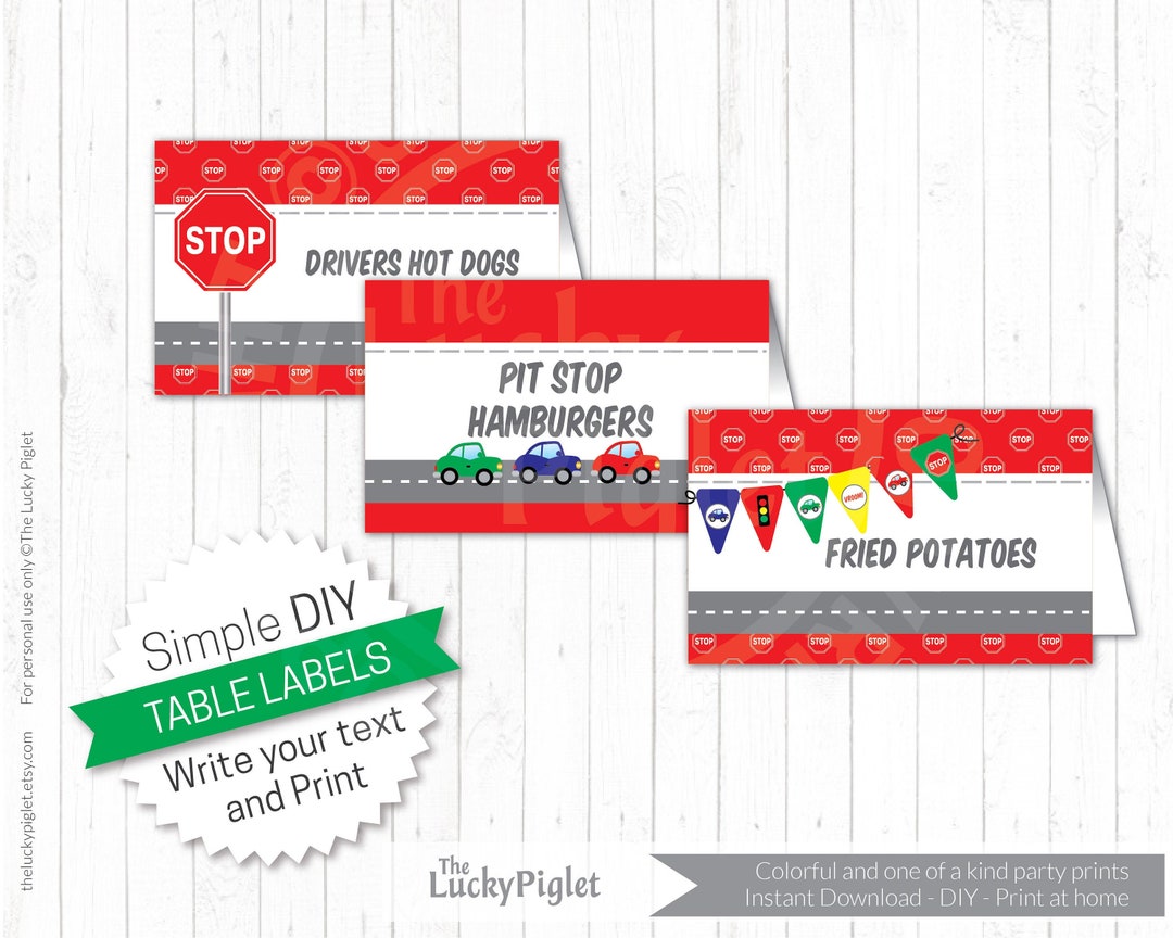 RACE CAR PARTY Food Labels, Printable Table Labels, Car Place Cards ...