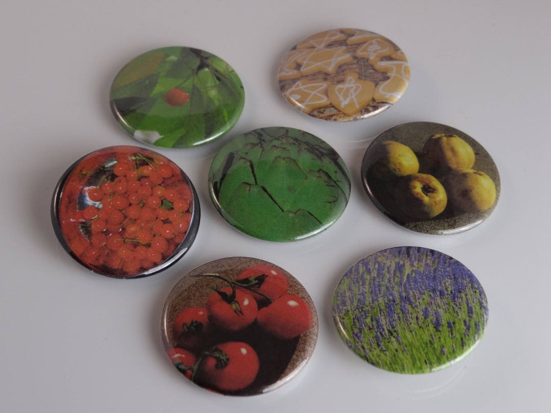 Food Themed Magnets and Buttons: Lavender, Tomatoes, Quince, Cherries ...