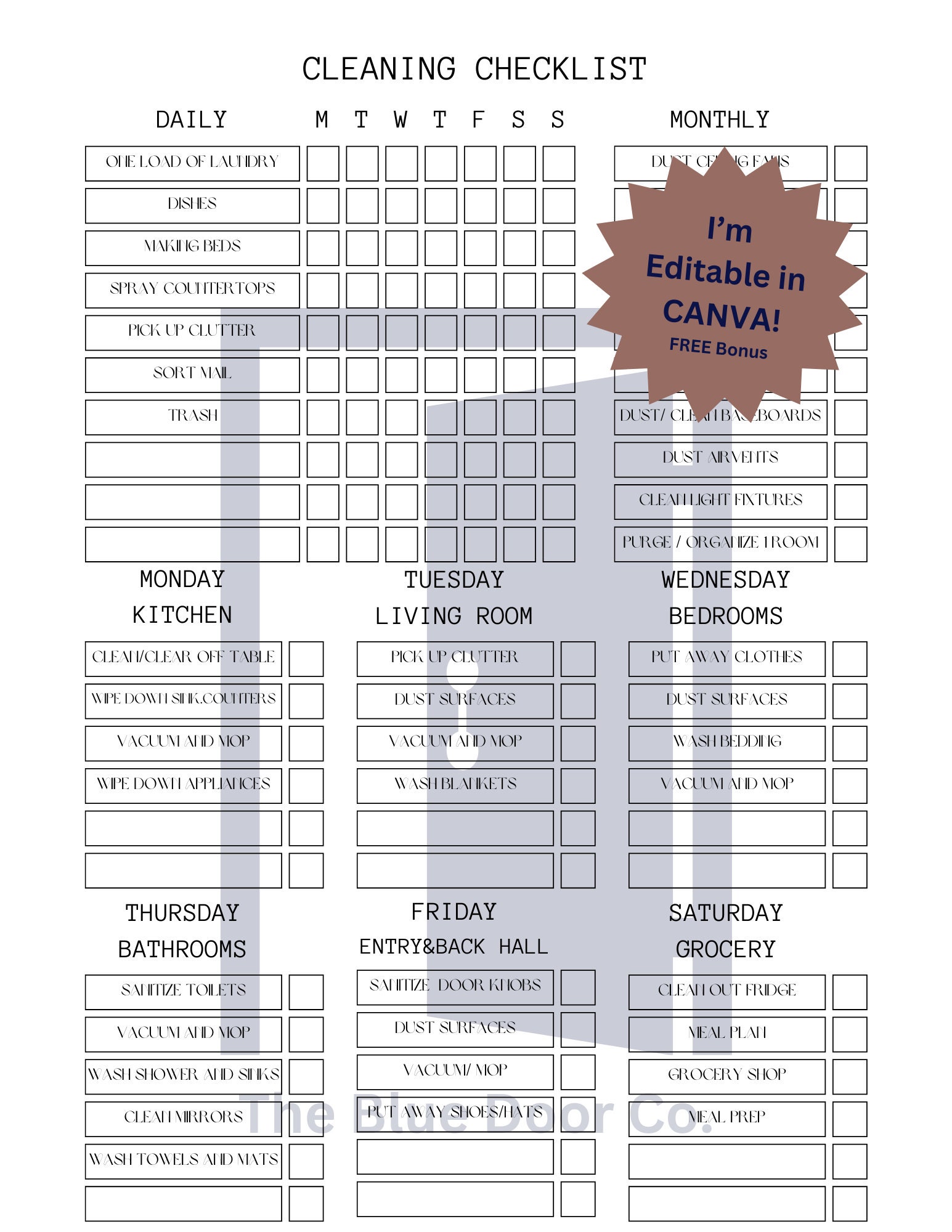 EDITABLE Daily Cleaning Checklist Printable, Weekly Cleaning Schedule ...