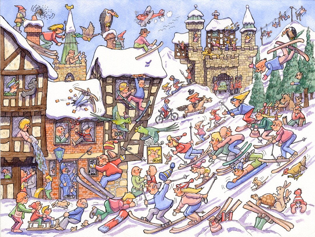 Original Ski Holiday Watercolour Cartoon, Whacky Winter Scene by Armand ...