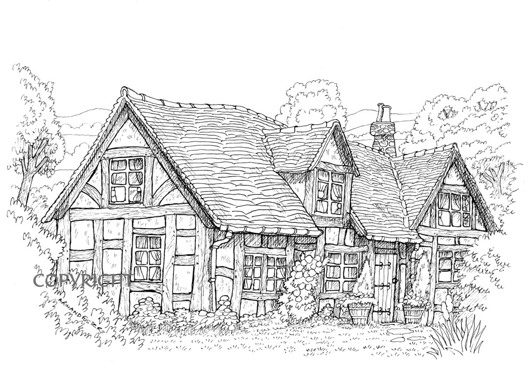 COUNTRY COTTAGE Drawing for You to Colour From Downloadable Image - by ...