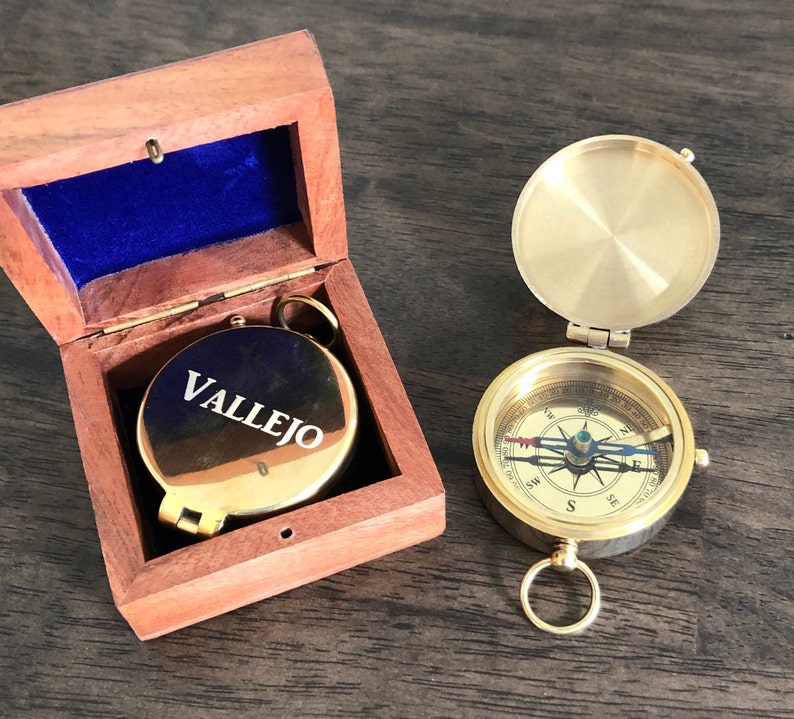 Personalized Genuine Brass Compass With Leather Pouch or Wood | Etsy