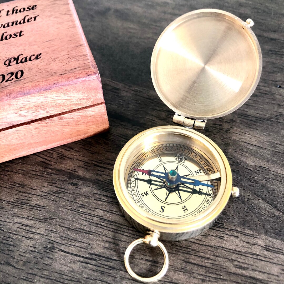 Personalized Genuine Brass Compass With Leather Pouch or Wood Box ...