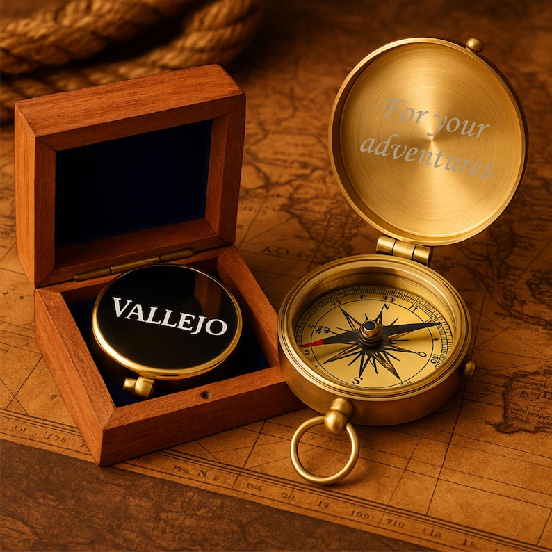 Engraved Antiqued Brass Compass: Wanderlust Gift With Wood Box - Etsy