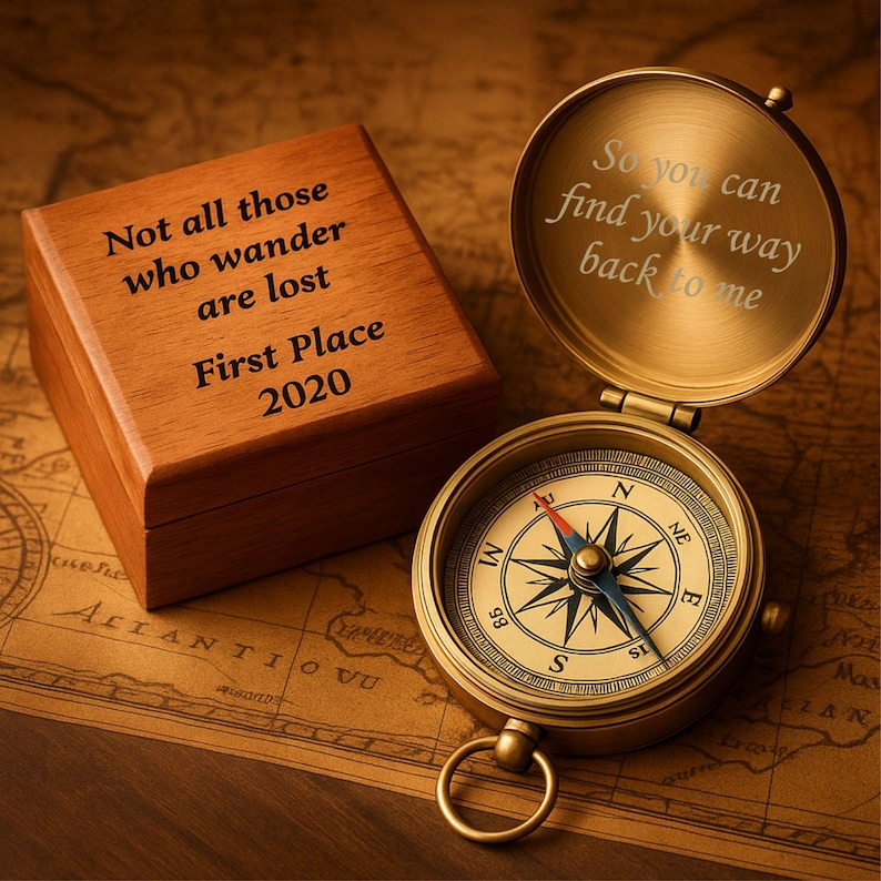 Engraved Antiqued Brass Compass: Wanderlust Gift With Wood Box - Etsy