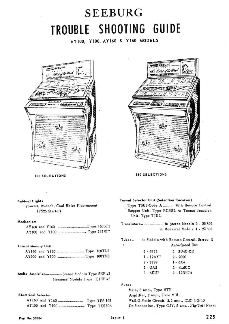 Jukebox SEEBURG Manual High Resolution Instant PDF. Models AY160, AY100 ...