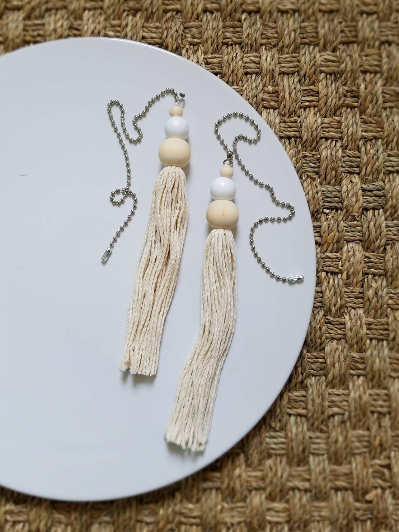 Macrame Medium White Bead Natural / Beige Tassel Fan and Light Pull ...