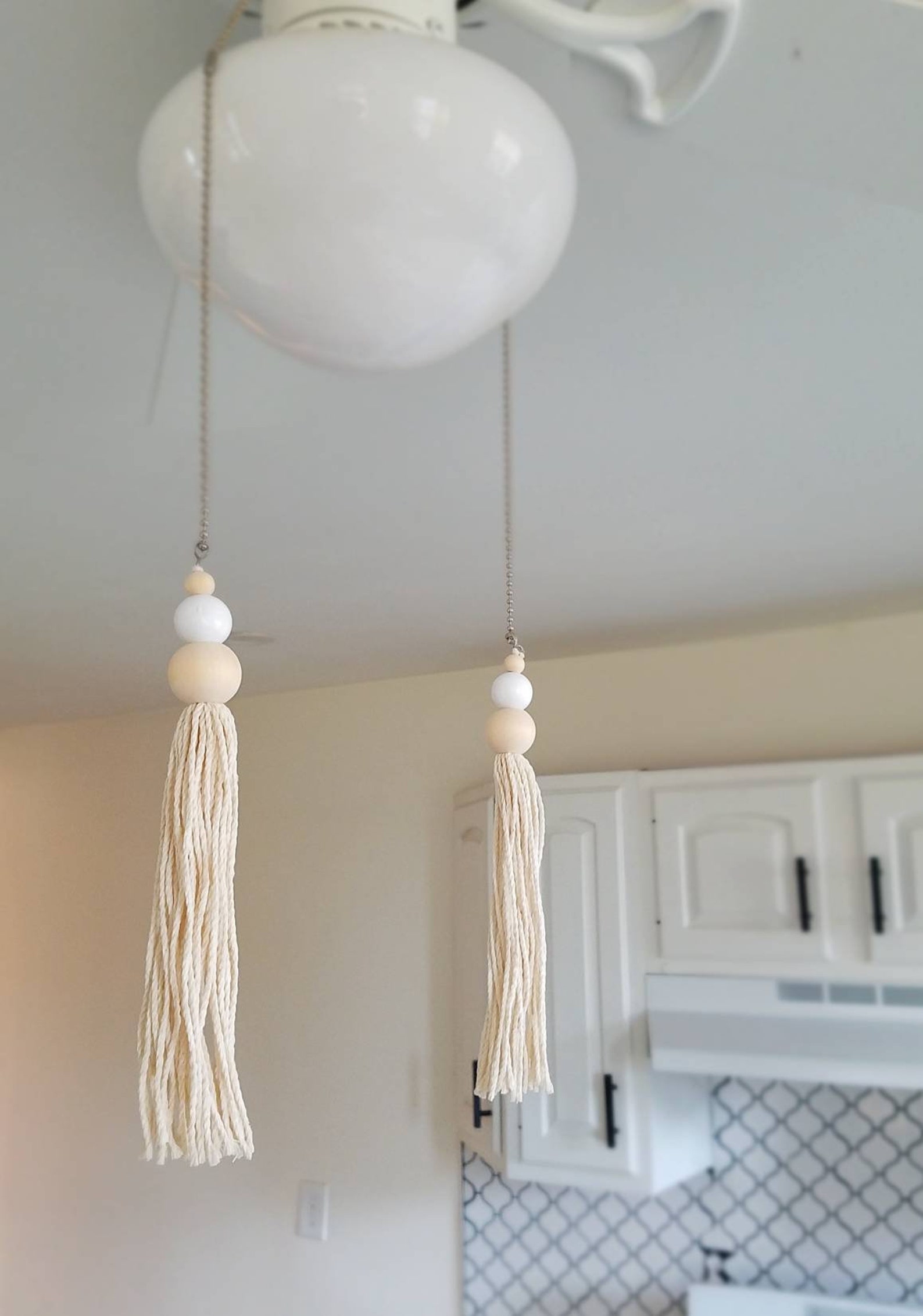 Macrame Medium White Bead Natural / Beige Tassel Fan and Light Pull ...