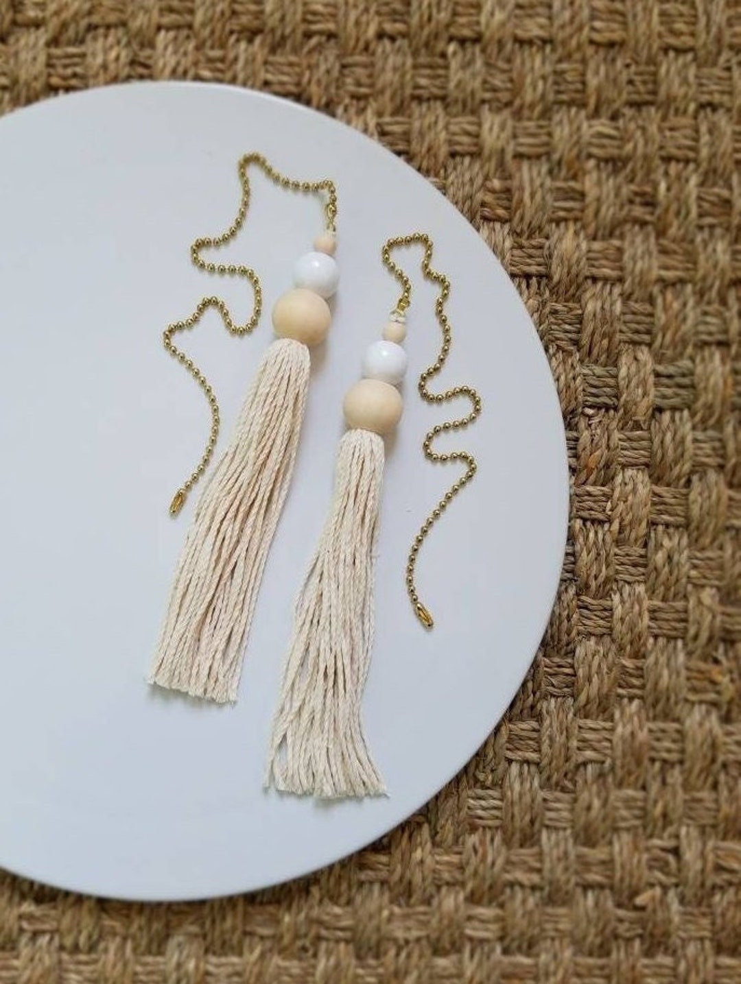 Macrame Medium White Bead Natural / Beige Tassel Fan and Light Pull ...