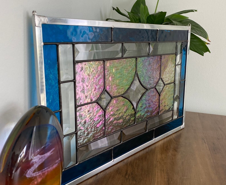 Stained Glass Panel / Deep Aqua Border / Star Bevel With - Etsy