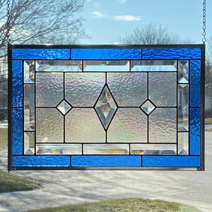 Stained Glass Panel / Cobalt Blue Border With Clear Diamond - Etsy
