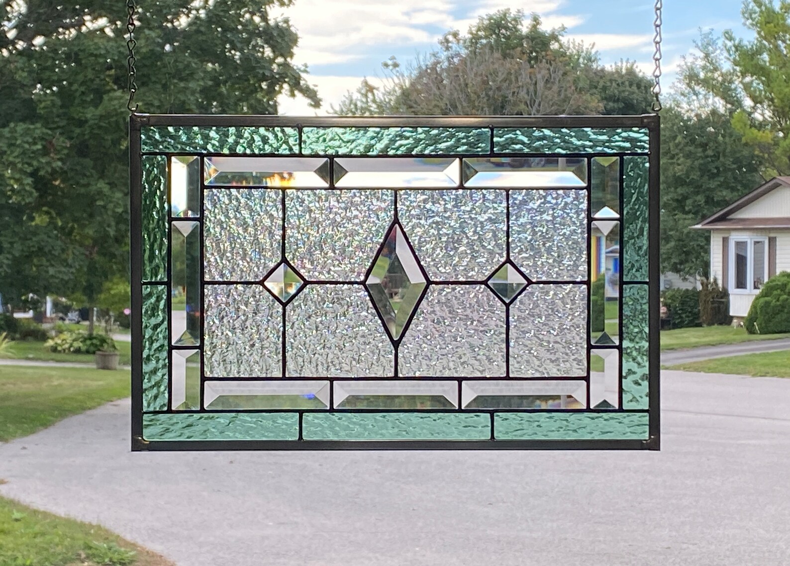 Stained Glass Panel / Seafoam Green Border With Clear Diamond - Etsy
