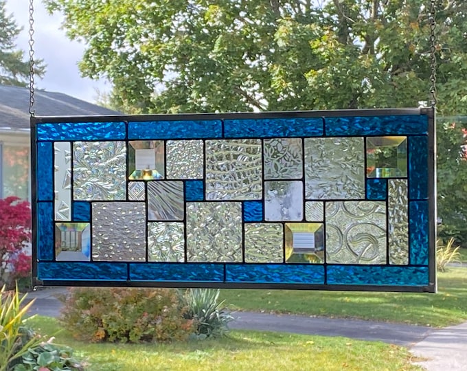 Stained Glass Panel With Deep Aqua Border - Etsy