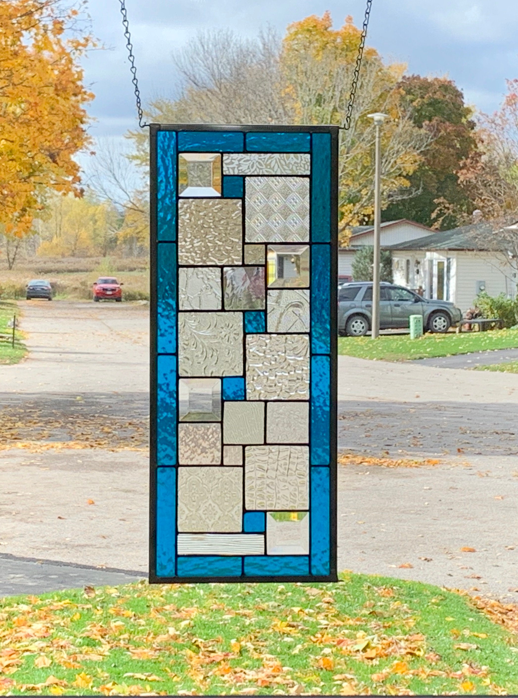 Stained Glass Panel With Deep Aqua Border - Etsy
