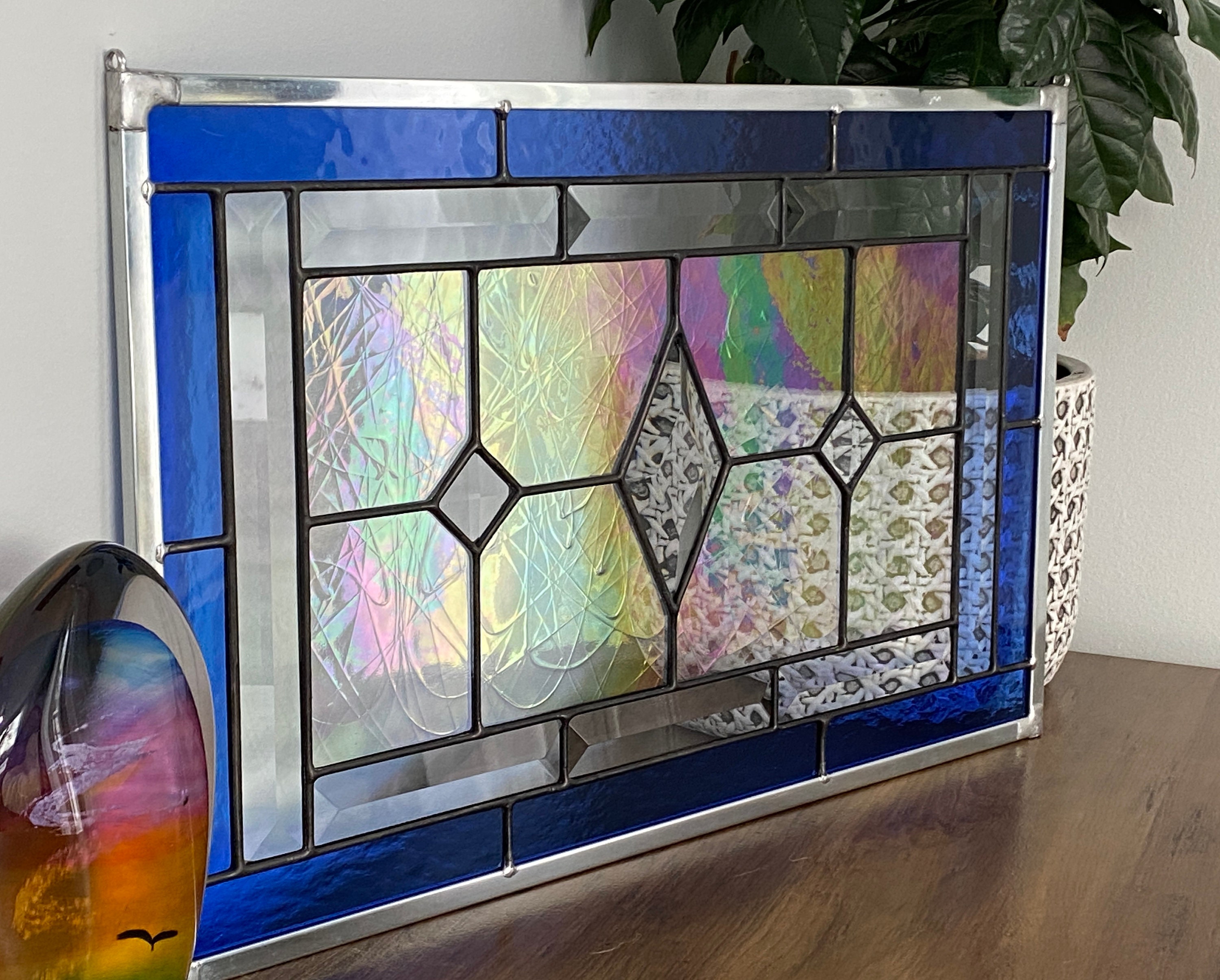 Stained Glass Panel / Cobalt Blue Border With Clear Diamond - Etsy Canada
