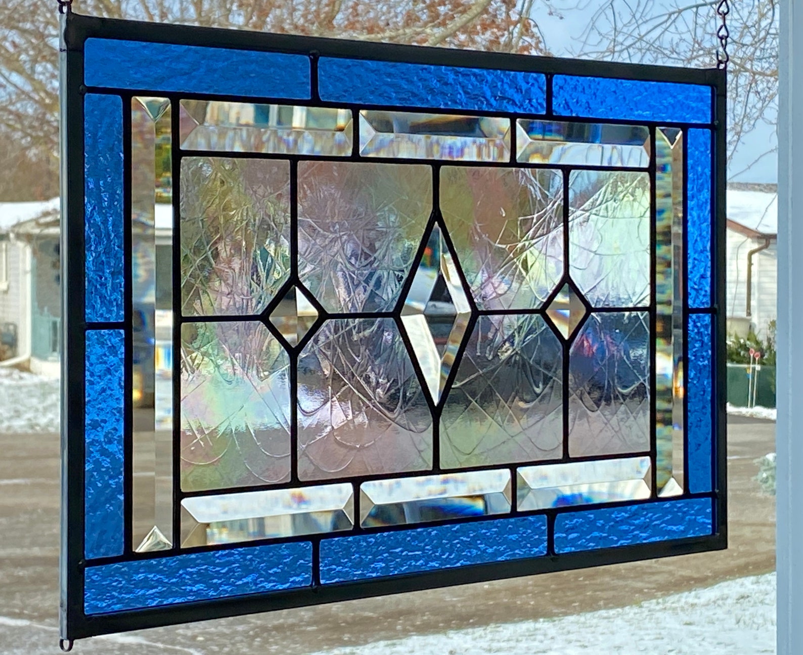 Stained Glass Panel / Cobalt Blue Border With Clear Diamond - Etsy Canada