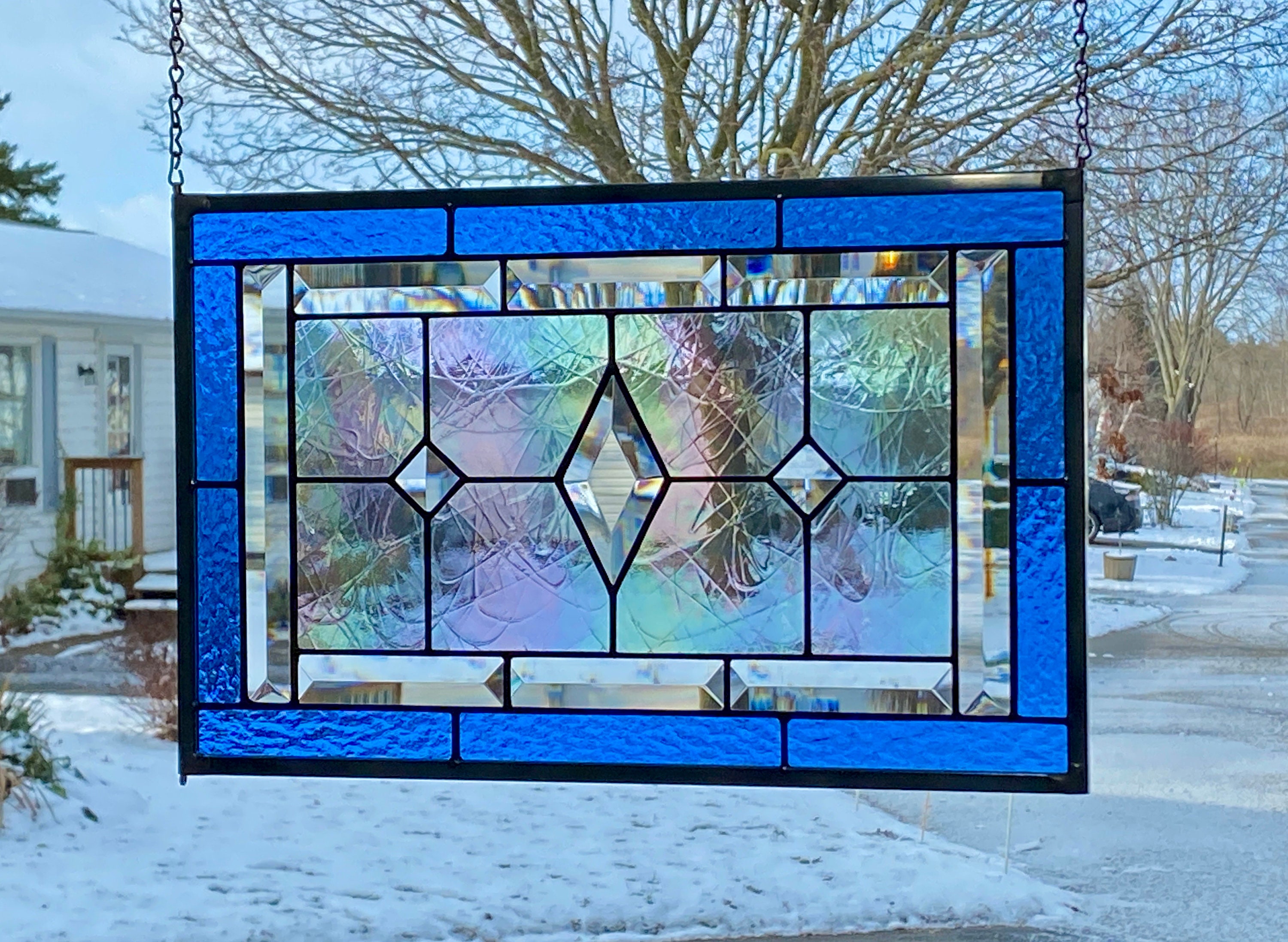 Stained Glass Panel / Cobalt Blue Border With Clear Diamond - Etsy Canada