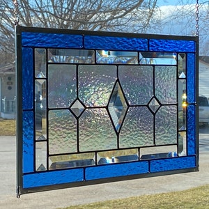 Stained Glass Panel / Cobalt Blue Border With Clear Diamond - Etsy