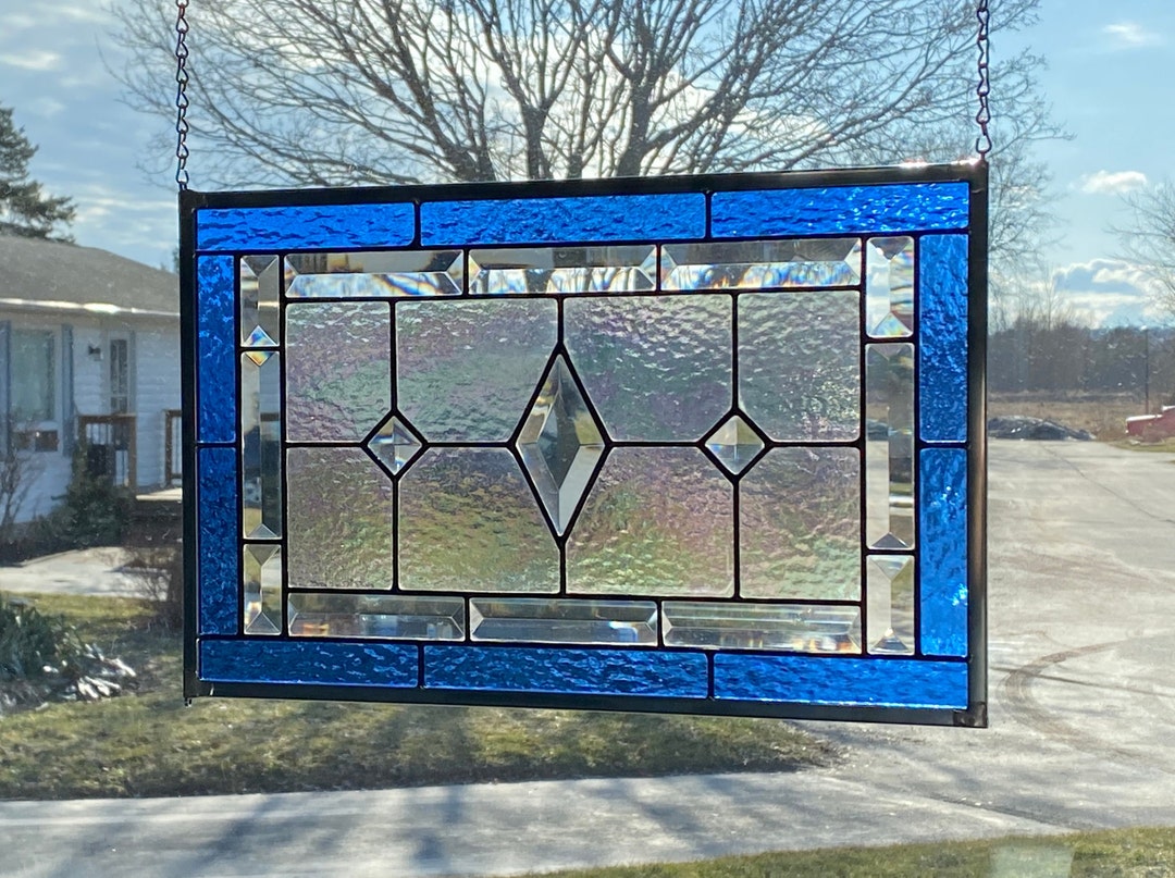 Stained Glass Panel / Cobalt Blue Border With Clear Diamond - Etsy