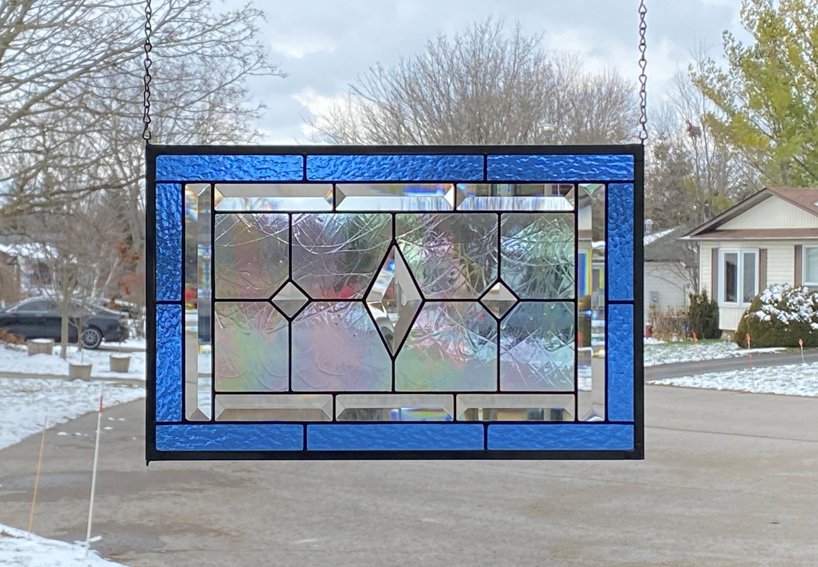 Stained Glass Panel / Cobalt Blue Border With Clear Diamond - Etsy Canada