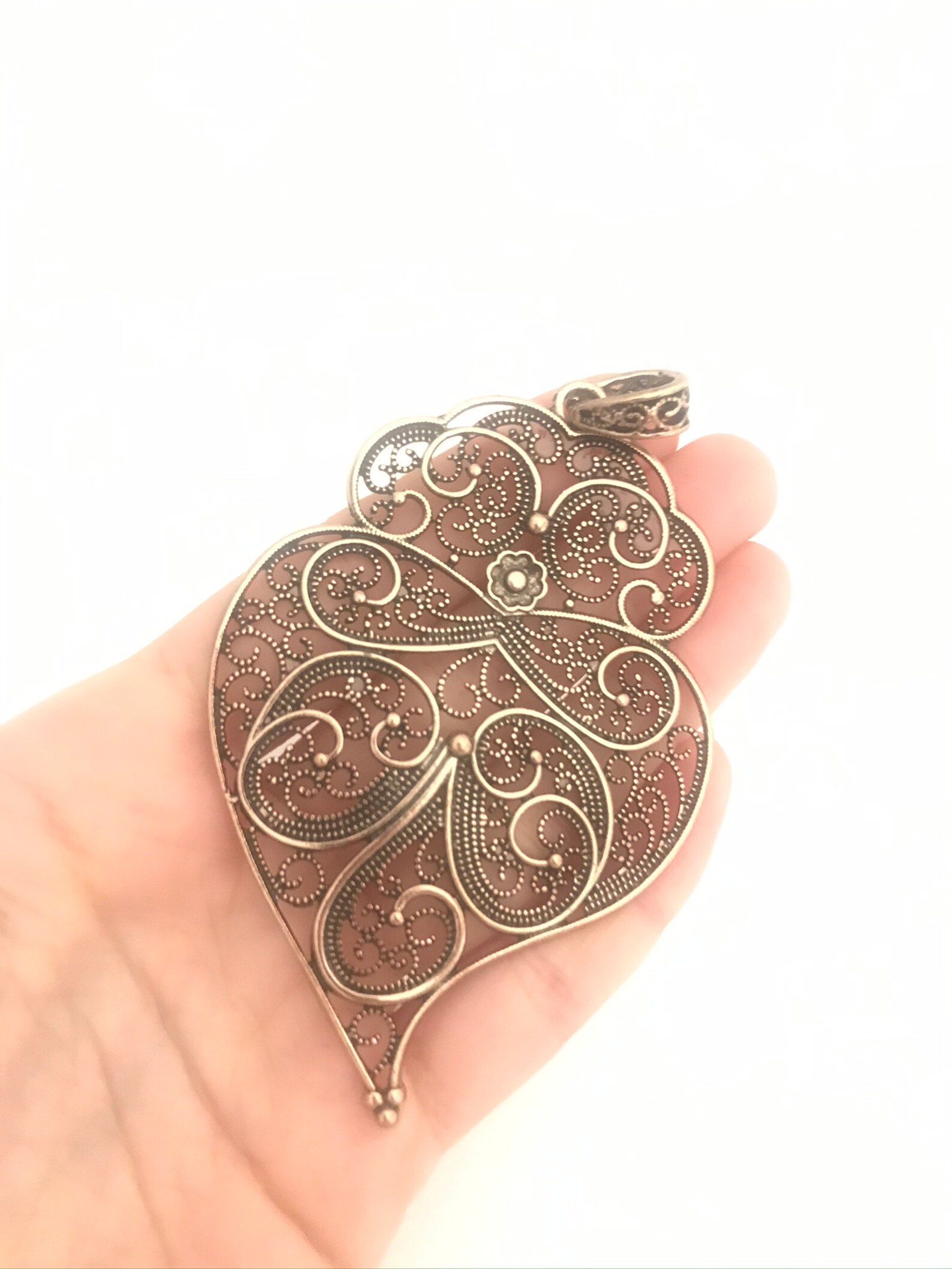 Filigree Pendant Bronze Brass Portuguese 8cm Charm Heart Flower ...