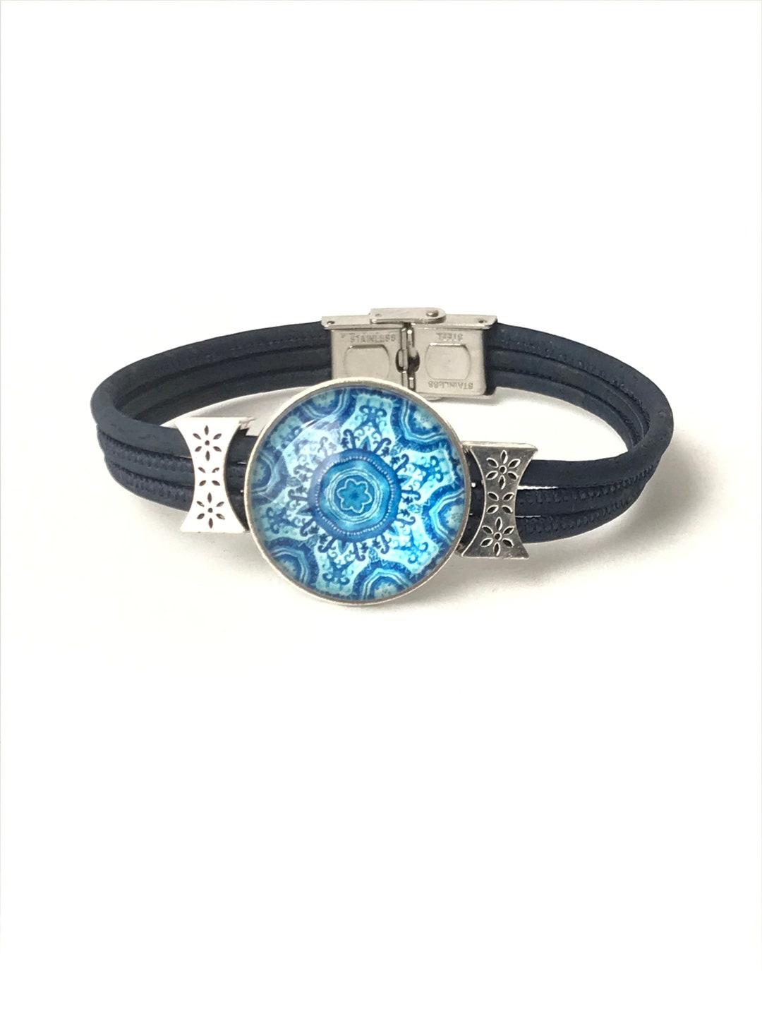 Glass Tile Pendant Bracelet, Azulejo and Blue Cork, Kaleidoscope ...