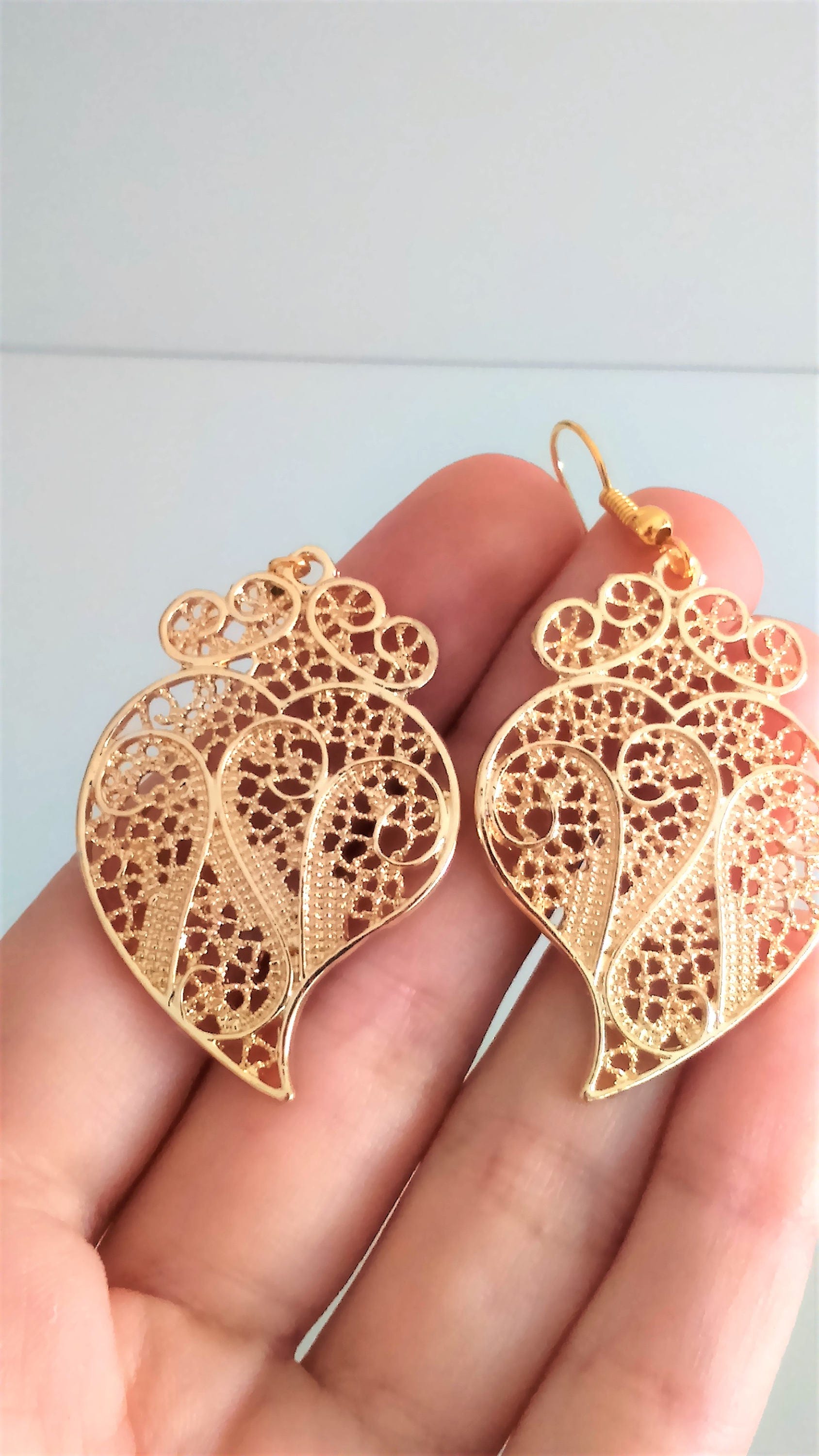 1 Pair of Portuguese Filigree Earrings Gold 3.90 Cm Heart Flower ...