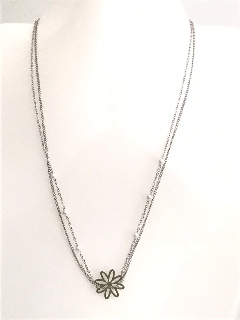 Flower double chain necklace pearl necklace big flower | Etsy