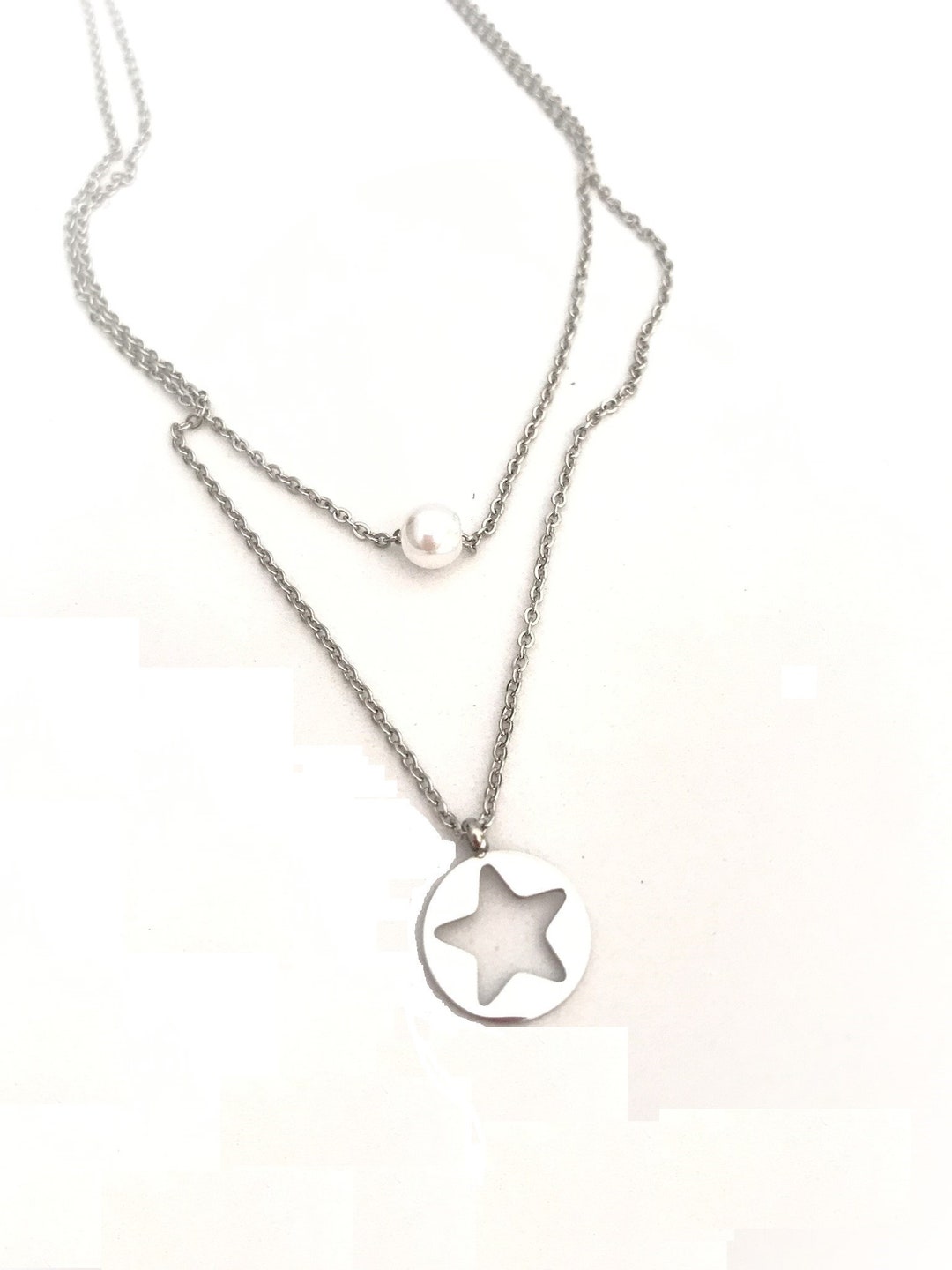 Pearl and Star Necklace, Double Strain Necklace in Silver Stainless ...