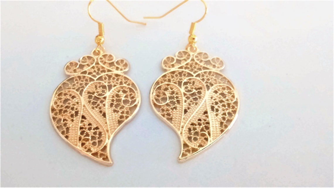 1 Pair of Portuguese Filigree Earrings Gold 3.90 Cm Heart Flower ...