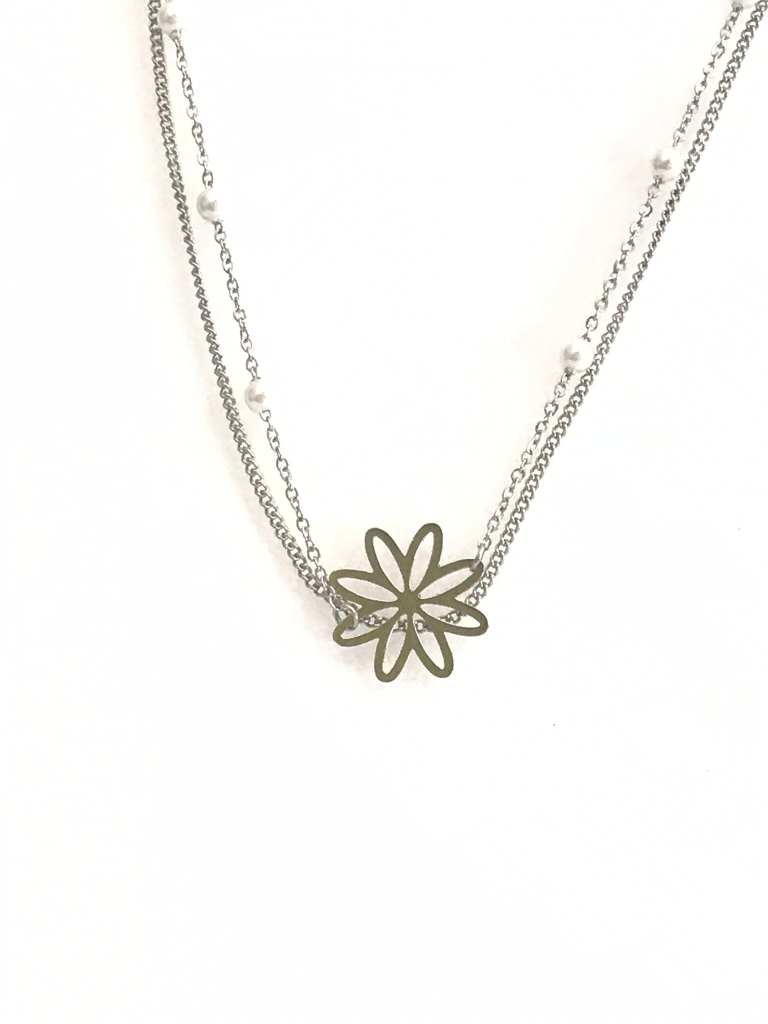 Flower double chain necklace pearl necklace big flower | Etsy
