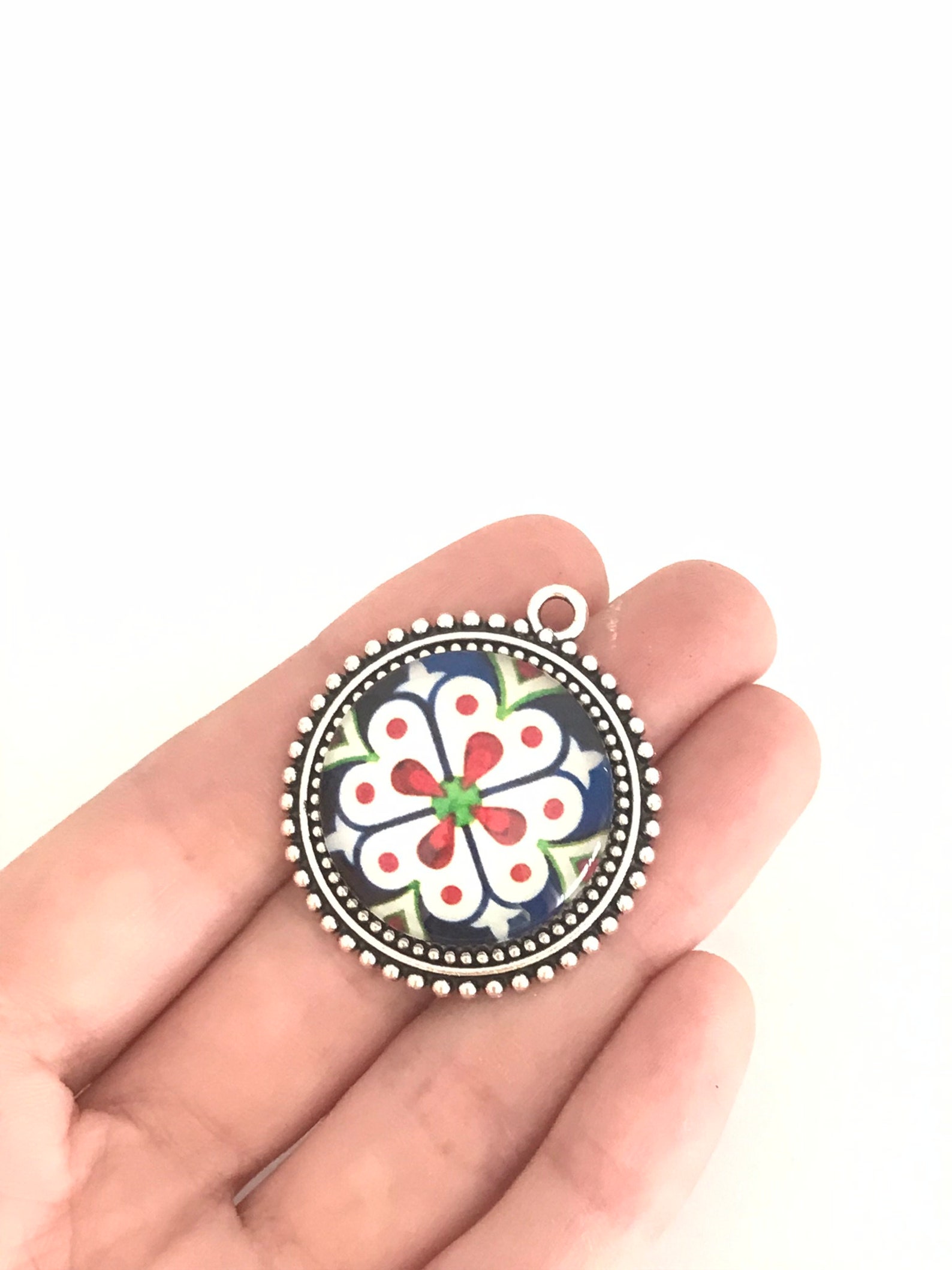 Round Glass Tile Pendant, Azulejo, Talavera Jewelry, Flower Tile ...