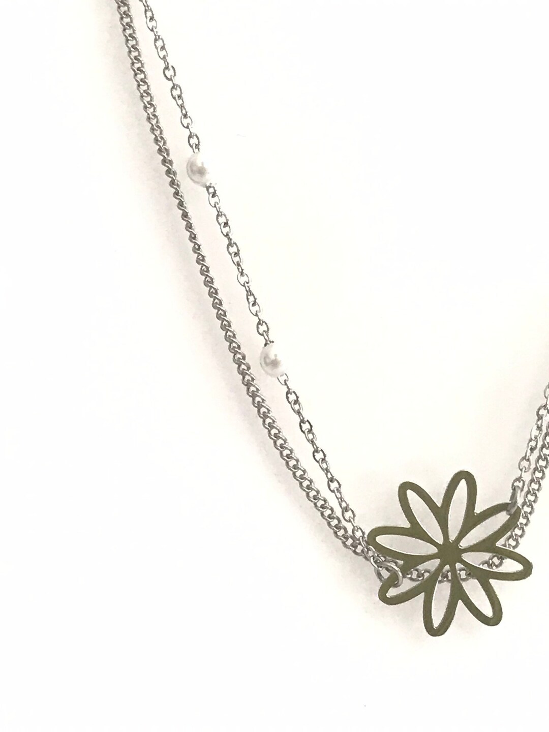 Flower Double Chain Necklace, Pearl Necklace, Big Flower Pendant ...