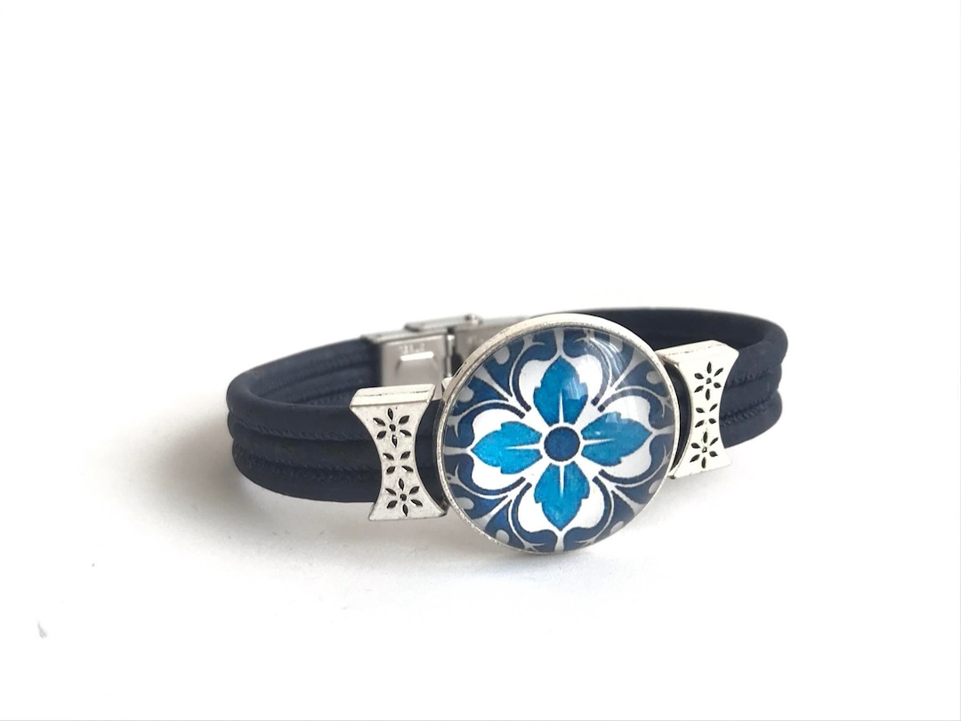 Glass Tile Pendant Bracelet, Azulejo and Blue Cork, Kaleidoscope ...