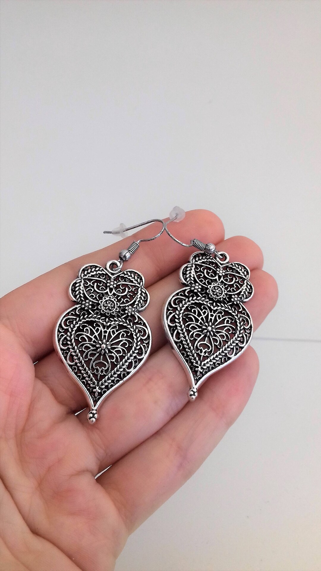 1 Pair of Portuguese Filigree Earrings Silver 4.0 Cm Heart Flower ...