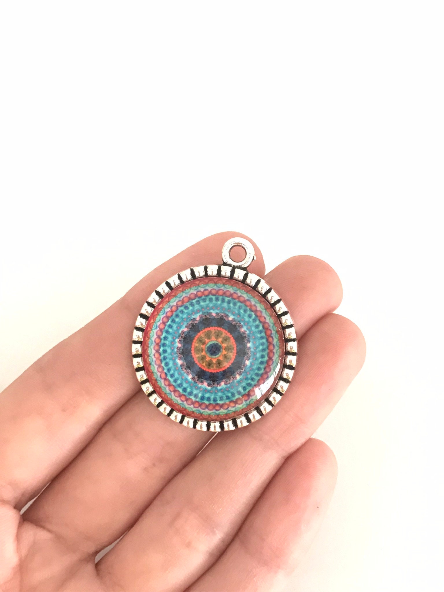 Round Glass Tile Pendant Kaleidoscope Pendant Star Majolica - Etsy
