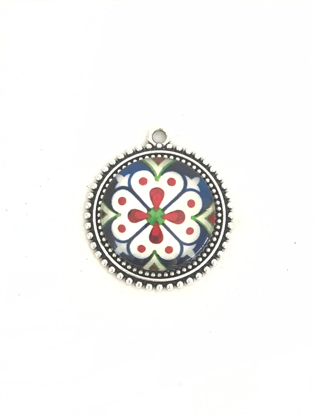 Round Glass Tile Pendant, Azulejo, Talavera Jewelry, Flower Tile ...