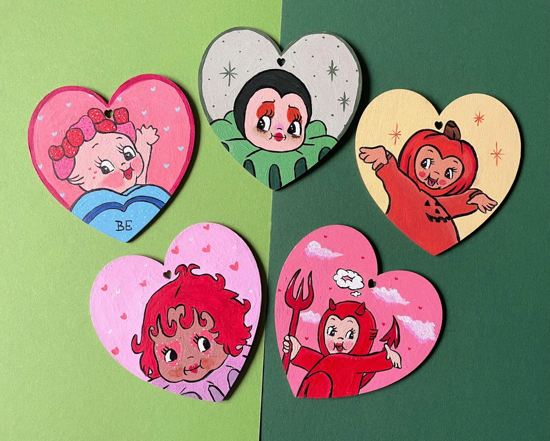 4 Inch Wooden Heart Painted Kewpie Original Designs One Off - Etsy