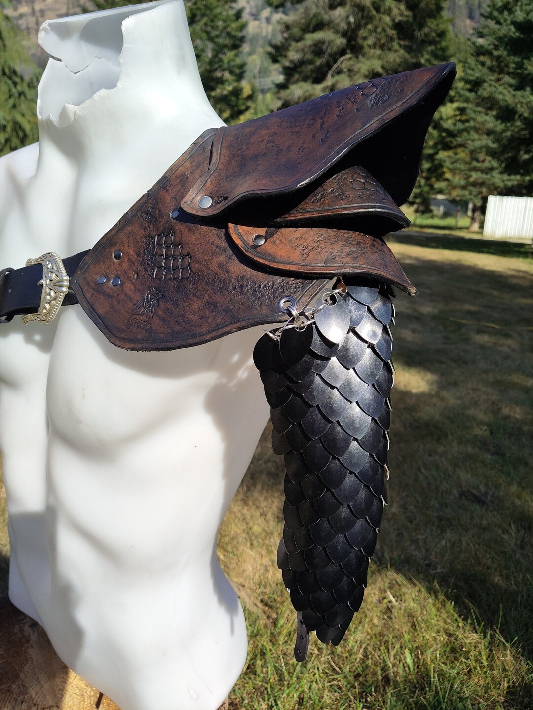 Leather and Scalemail Pauldron - Single Shoulder Dragon Armor - Made to ...